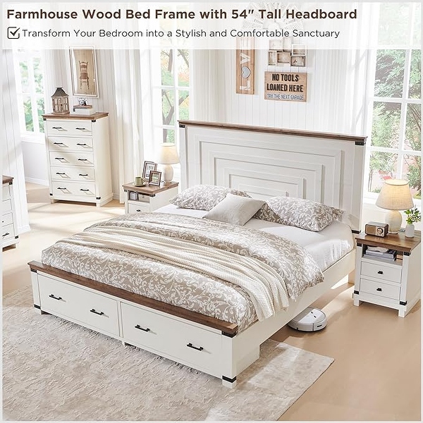 Farmhouse King Size Bed Frame w 54 Tall Headboard 2 Large Drawers On Sale Bed Bath Beyond 40831210