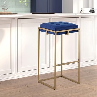 Dia 30 Inch Set of 2 Square Bar Stools, Blue Velvet Seat, Gold Metal ...