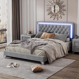Queen Gray Velvet LED-Lit Platform: Crystal Tufted Headboard - Bed Bath ...