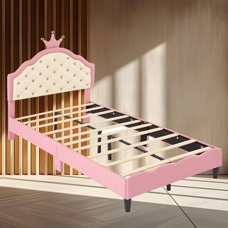 Dreamy Princess Bed with Crown Shaped Headboard, Soft PU Leather ...
