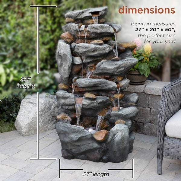 Alpine Corporation 50" Tall Outdoor 8-Tier Rock Waterfall Fountain with ...