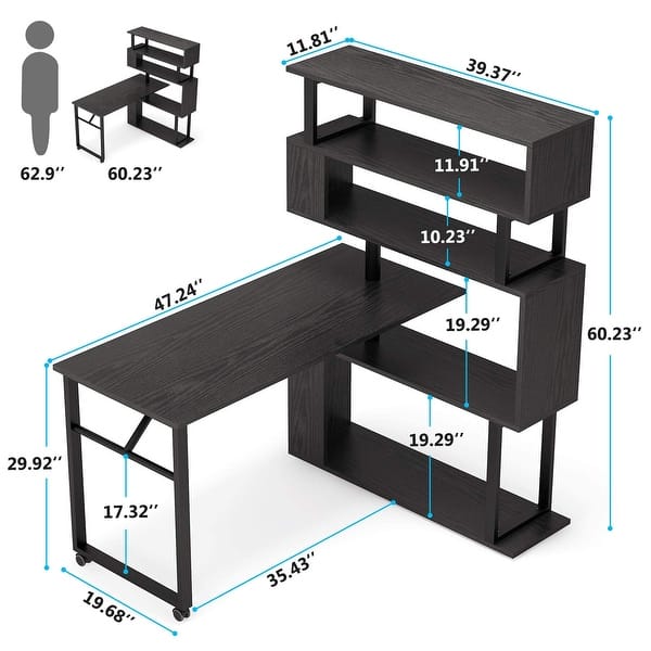 Rotating L Shaped Desk with Storage Bookshelf for Home Office - Bed ...