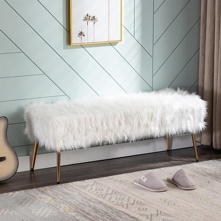 Faux Fur Plush Ottoman Bench Fluffy Upholstered Bench Entryway White ...