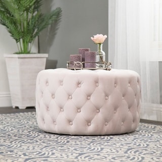 Abbyson Ella Ivory Tufted Round Velvet Ottoman - Bed Bath & Beyond ...