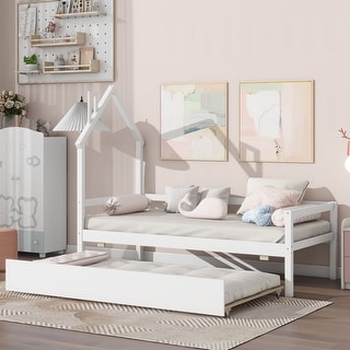 Twin White Daybed w/ Pull-out Trundle Bed, House-shaped Headboard Bed ...