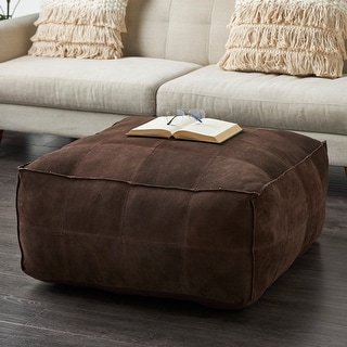 Dark Brown Leather Low Profile Square Pouf with Patchwork Design - Bed ...