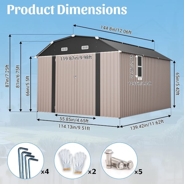 10x12 FT Gray Outdoor Storage Shed, Heavy Duty Rust-Resistant Steel ...