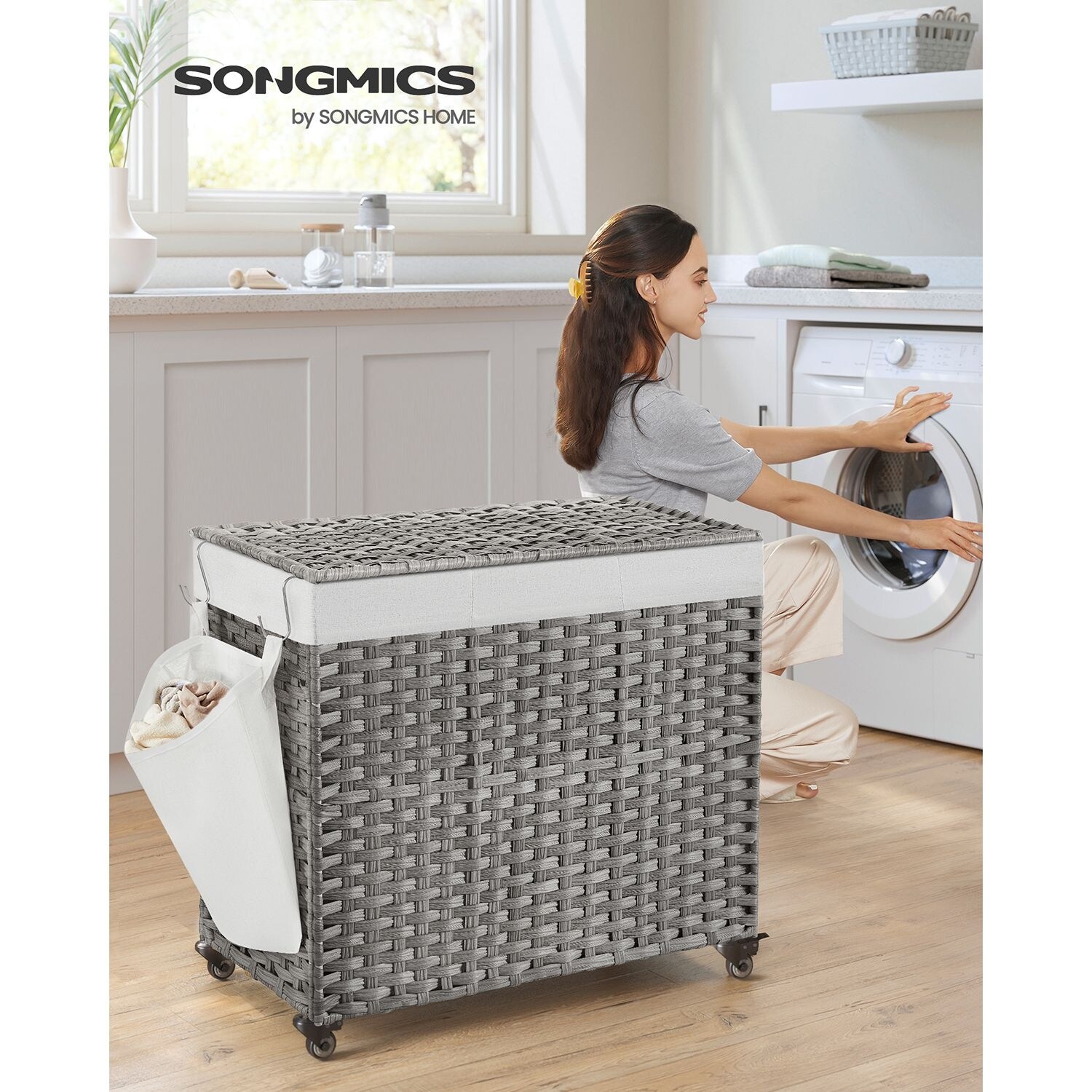 Rolling Laundry Hamper with Lid Wheels and Removable Liner 27.6 L x 14.2 W x 26 H
