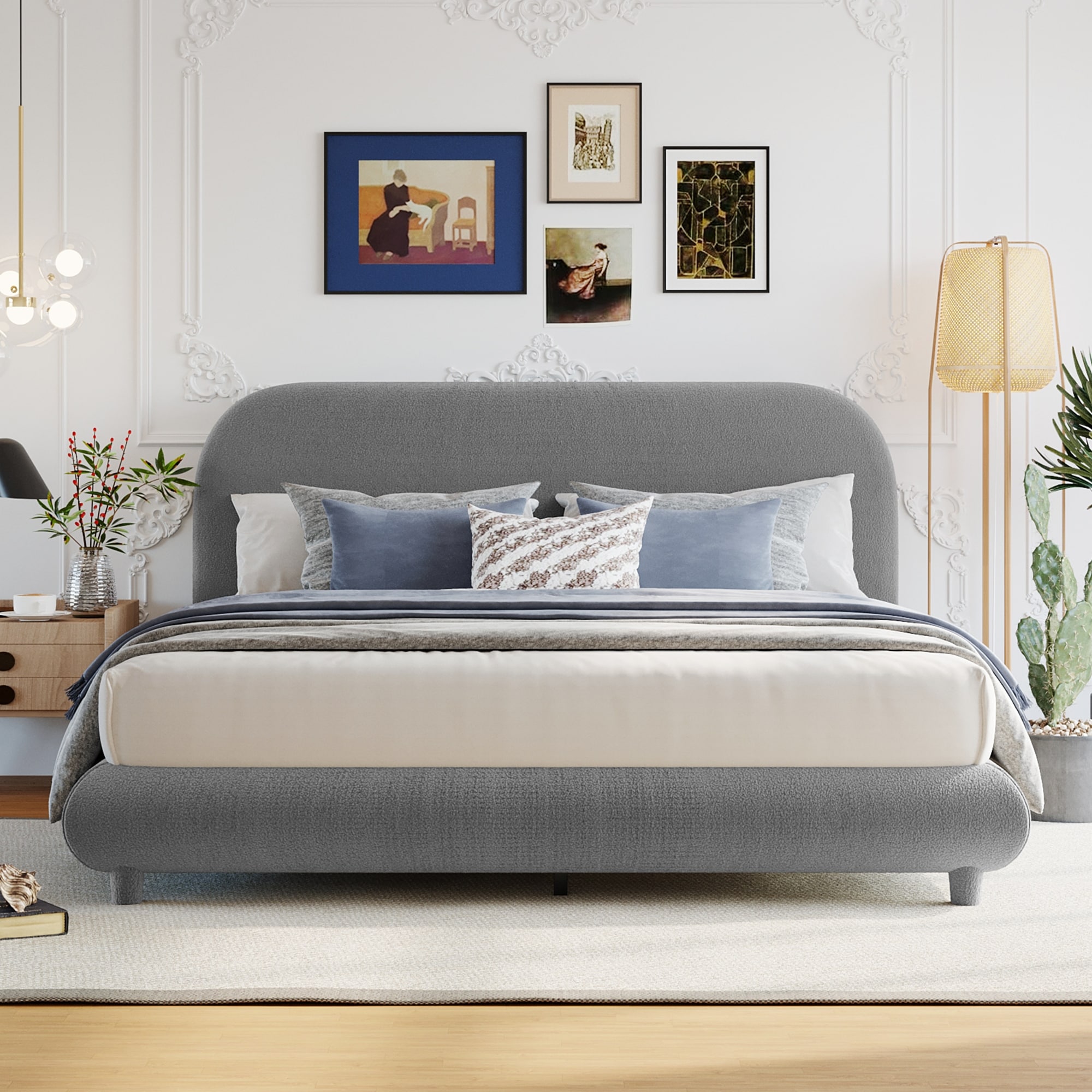 Queen Grounded Bed Thick Fabric Low-Profile Upholstered Platform Bed ...