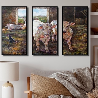 Designart "Two Cows In The Stable" Farmhouse Framed Canvas Wall Art ...