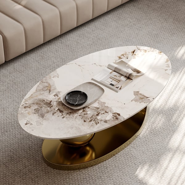51-inch Pandora Oval Coffee Table with Sintered stone top, Gold Leg ...