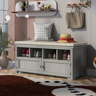 Rustic Storage Bench with Linen Upholstered Cushion, 4 Open Storage ...