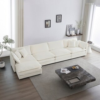 White Chenille Upholstered L-Shaped Modular Sectional Sofa Set - Bed ...