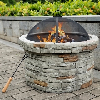 Round Faux Stone Outdoor Fire Pit with Rain Cover - Bed Bath & Beyond ...