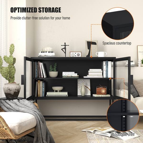 Tempered Glass Cabinet with 2 Fluted Glass Doors Adjustable Shelf U ...