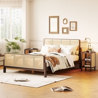 3 Pieces Rattan Full Platform Bed with 2 Rattan Nightstands, Rustic ...