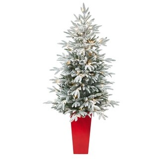5' Flocked Artificial Christmas Tree with 100 Lights in Planter - Bed ...