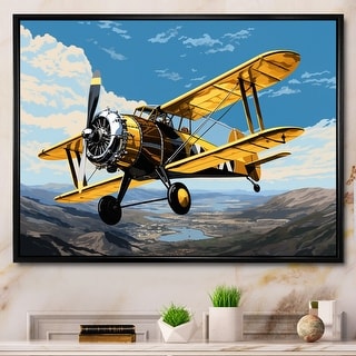 Designart "Yellow Airoplane Over The Lake" Transportation Framed Canvas ...