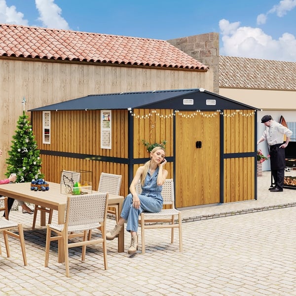 10X12 FT Outdoor Steel Storage Shed with Lockable Doors, 2 Windows(Wood ...