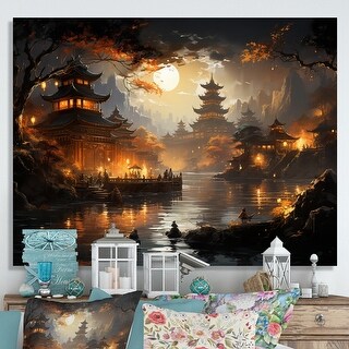 Designart "China Art Golden Temple II" Chinese Canvas Wall Art - Bed ...