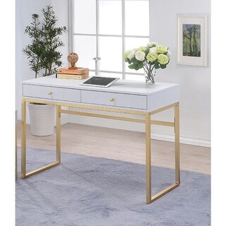 Contemporary Writing Desk in White & Brass with 2 Drawers - Metal Glide ...