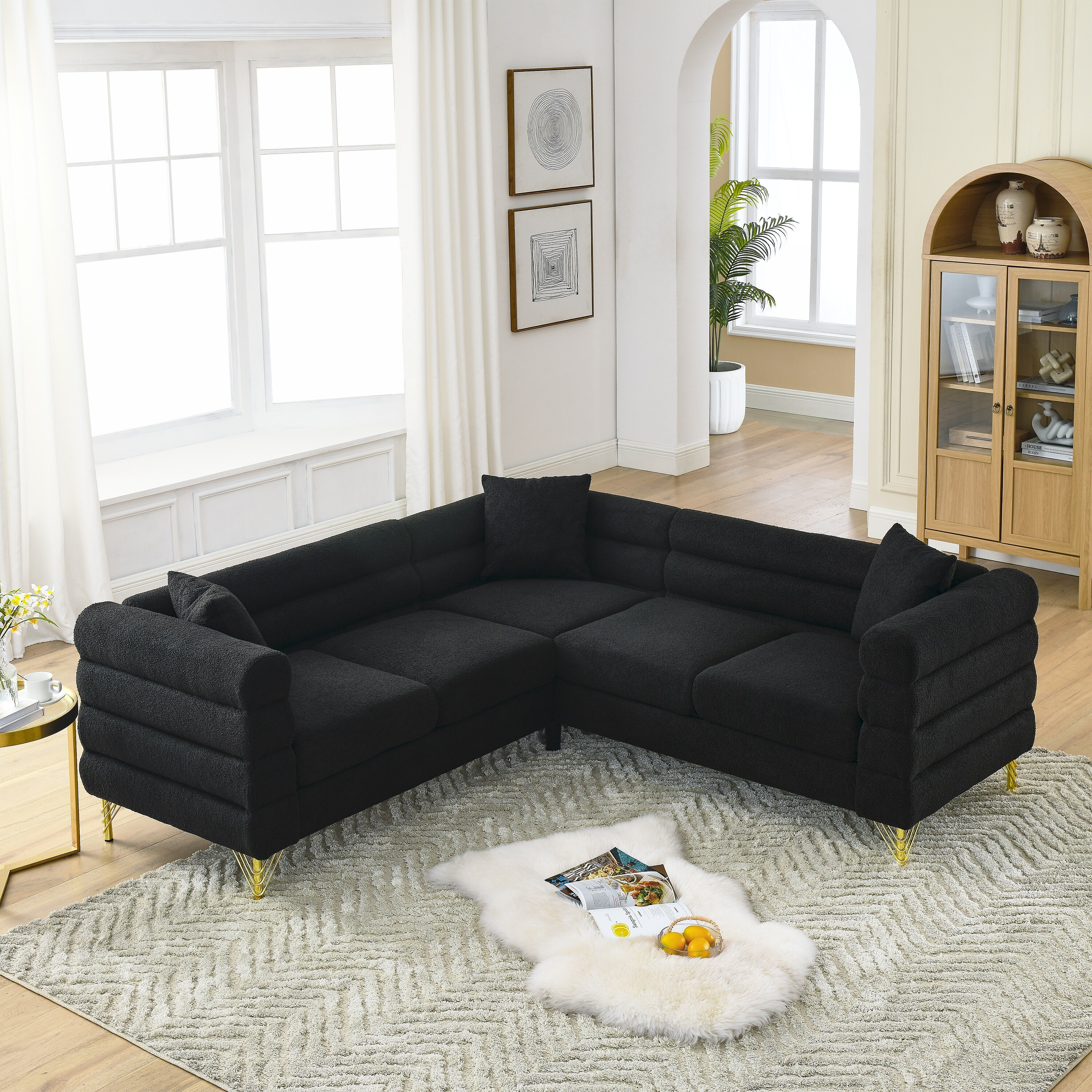 L shaped Sectional Corner Sofa Black 5 seater Teddy Fabric Couch
