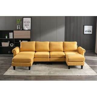 U-shape Accent Sofa Set Linen Couch Set with Reversible Ottomans Sofa ...