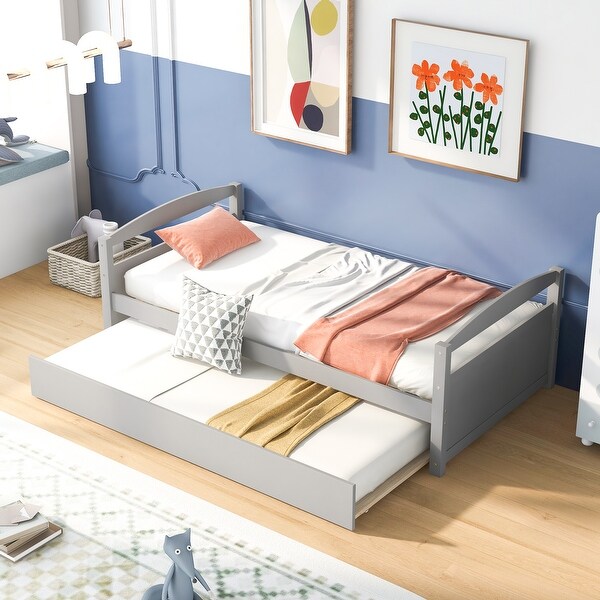 Twin Daybed Frame with Trundle Wooden Day Bed for Living Room Kids Twin Size Platform Bed with Headboard and Footboard Grey Bed Bath Beyond 39039145