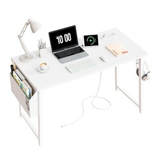 39 inch White Computer Desk with Power Outlet, 40 inch Teen Study Table ...