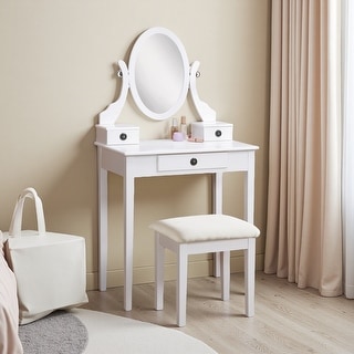 30" Wood Vanity Table Set with Adjustable Mirror, 3 Storage Drawers and ...