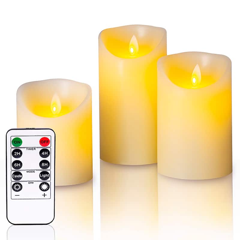 3-Piece Ivory LED Flameless Pillar Candle Set with Remote & 24h Timer ...