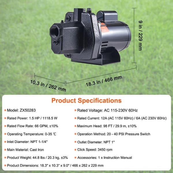 VEVOR 1.5HP Cast Iron Irrigation Pump Shallow Well Jet Water Pump ...