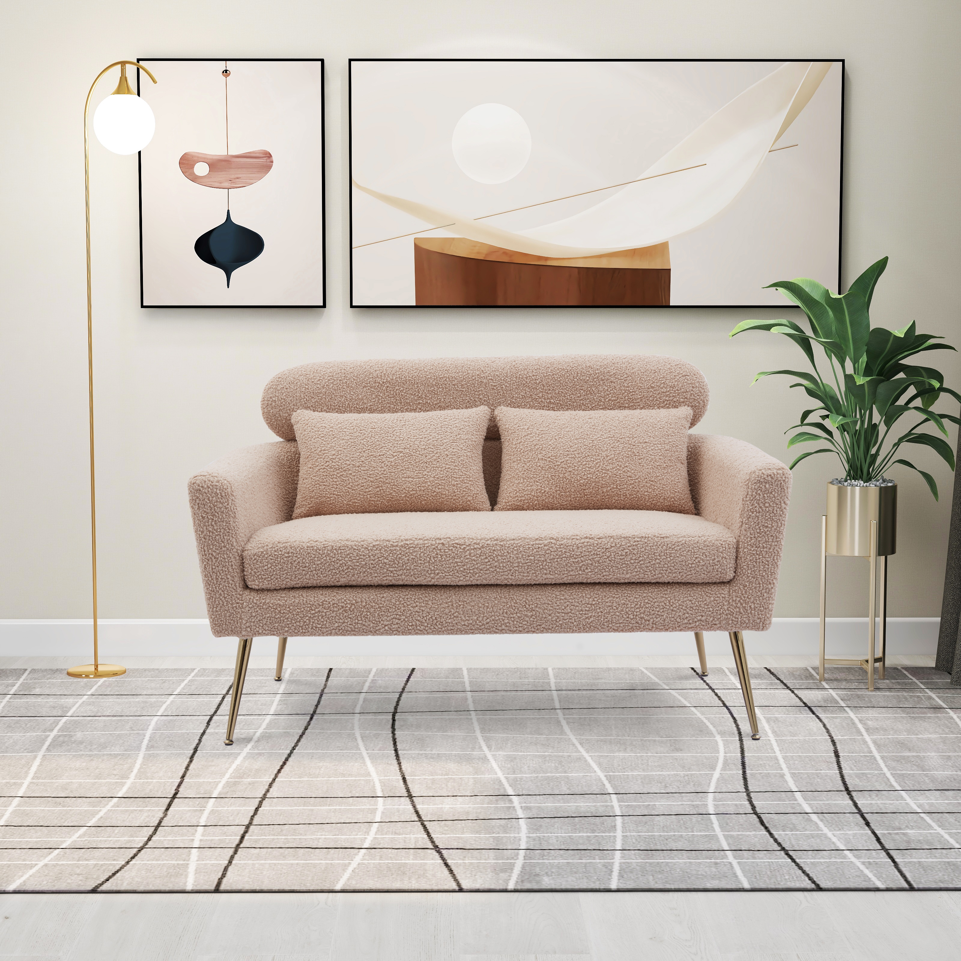 51 W Modern Boucle Loveseat Small Sofa Small Mini Room Couch Two Seater Sofa With 2 Throw Pillows Gold Metal Legs Bed Bath Beyond 36352202
