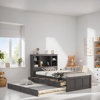 Twin Size Platform Bed with Storage Headboard, Pine Wooden Bed with ...