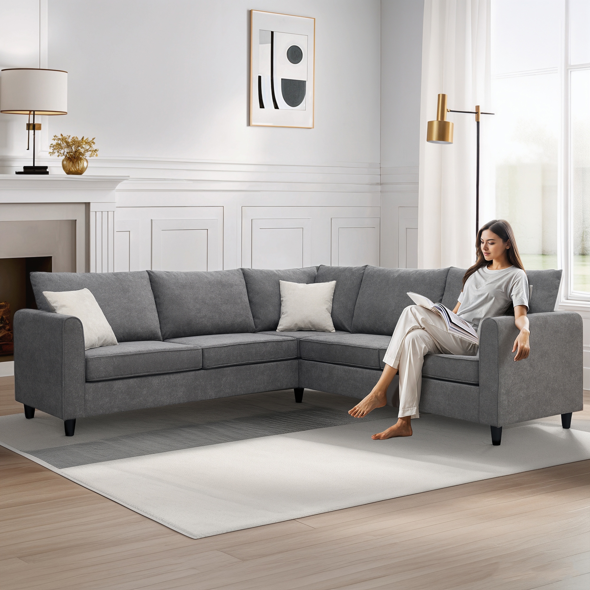 91 L Shaped Sofa Couch with Reversible Cushions Solid Wood Frame and 3 Included Pillows for Contemporary Living Rooms Bed Bath Beyond 41713516