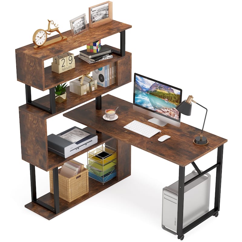 Rotating L Shaped Computer Desk with 5 Shelves Bookshelf - Overstock ...