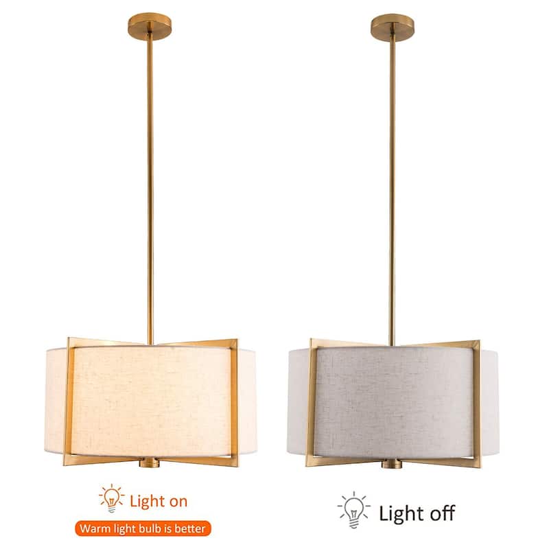 3-Light Gold Fabric Drum Linen Shade Pendant Light - 19.68'' - On Sale ...
