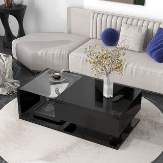 Modern Coffee Table with Tempered Glass, Wooden Cocktail Table , Modernist 2-Tier Rectangle ...