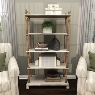 White Wood Distressed Turned 5 Shelf Shelving Unit with Brown Spindle ...