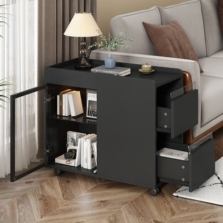 Black Modern End Table with LED light and Wheels, Transparent Brown ...