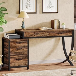 Industrial Wood Computer Desk with 5 Drawers, Home Office Desk Writing ...