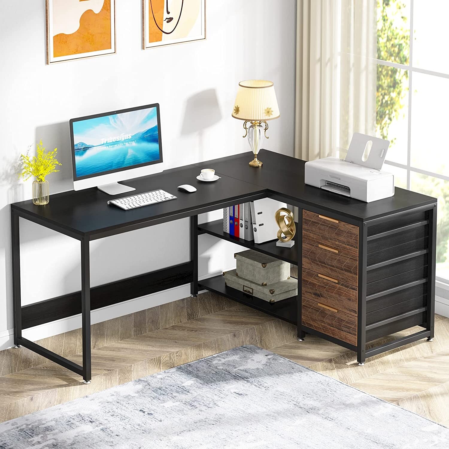 59 Inch L Shaped Computer Desk With Storage Drawers For Home Office