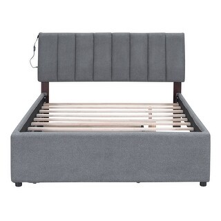 Gray Full Size Platform Bed with Stripe Headboard, Trundle Bed - Bed ...