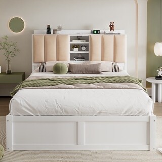 Full Size Platform Bed Antique White Bed Frame with Multiple Storage ...