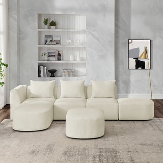 Ivory L Shape Loop Yarn Fabric Sectional Sofa w/ Left Side Chaise ...