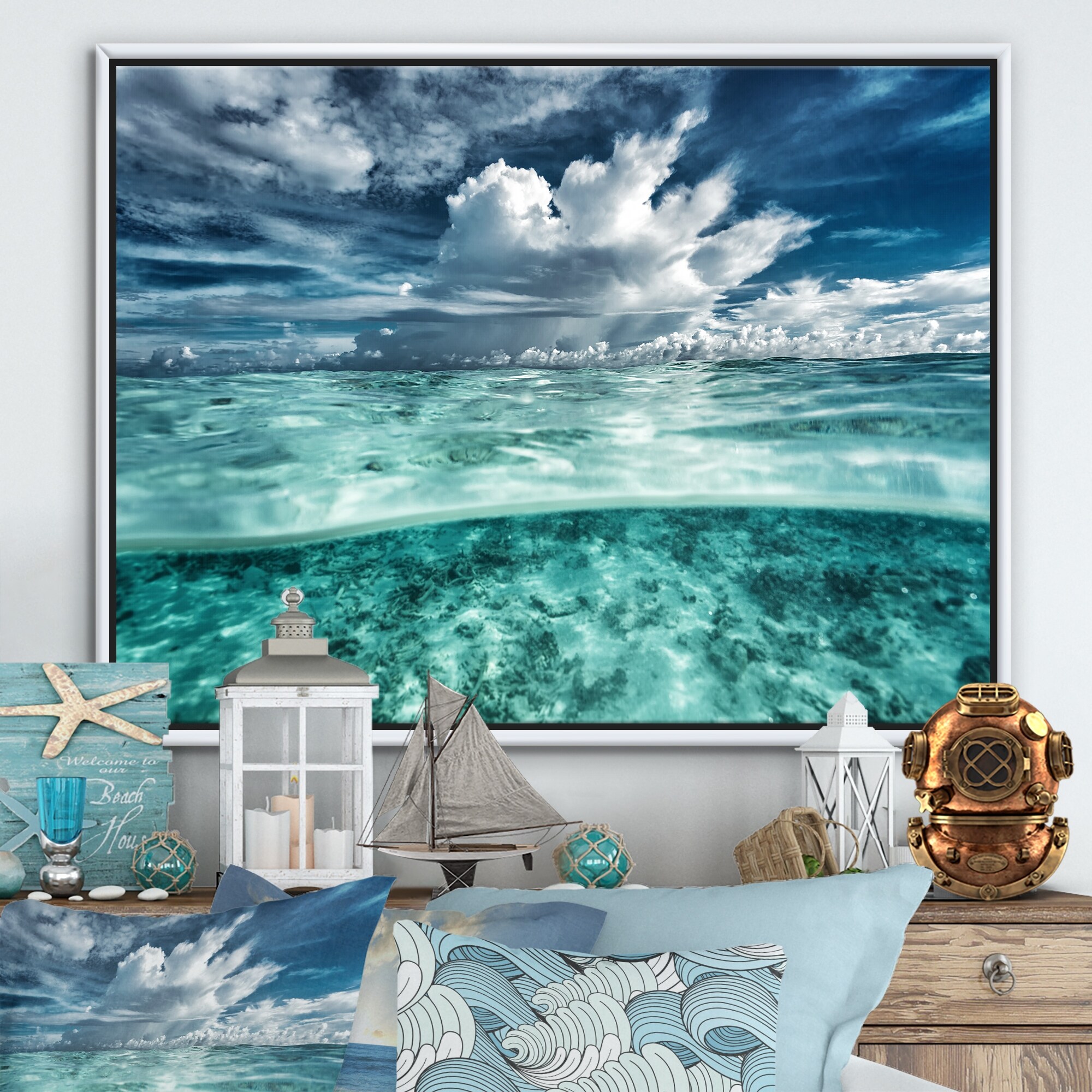 Designart Amazing Underwater Seascape And Clouds Nautical Coastal Framed Canvas Wall Art Print