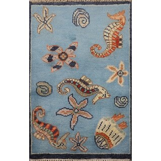 Animals Design Art Deco Light Blue Accent Rug Hand-Knotted Wool Carpet ...
