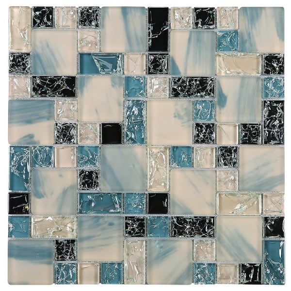 TileGen. Crushed 1" x 2" Crackle Glass Mosaic Tile in Blue/White Wall ...