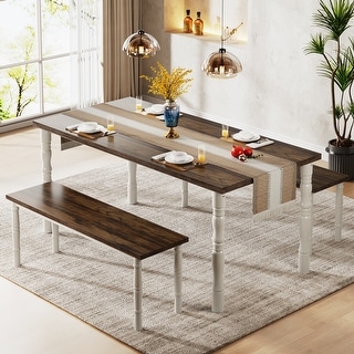 55" Dining Table Set with 2 Benches and Table Runner, 3 PCS Kitchen ...
