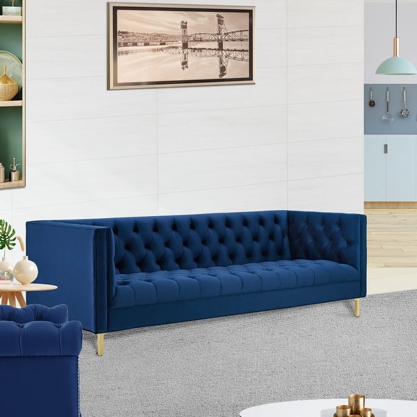 Kayenta Modern Blue Velvet Upholstered Button Tufted Sofa with Gold ...